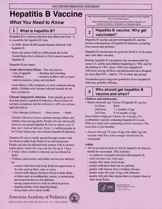 Hepatitis B Vaccine Information Statement 100 pad Discontinued AAP